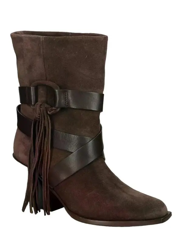 VIC MATIE Suede Fringe Detail Biker Boots - Brown