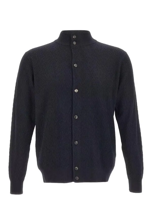 FILIPPO DE LAURENTIIS Geometric Pattern High-neck Merino Wool Cardigan - Blue