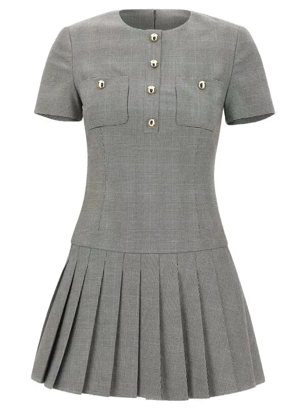 SELF-PORTRAIT Checked Pleated Mini Dress - Grey