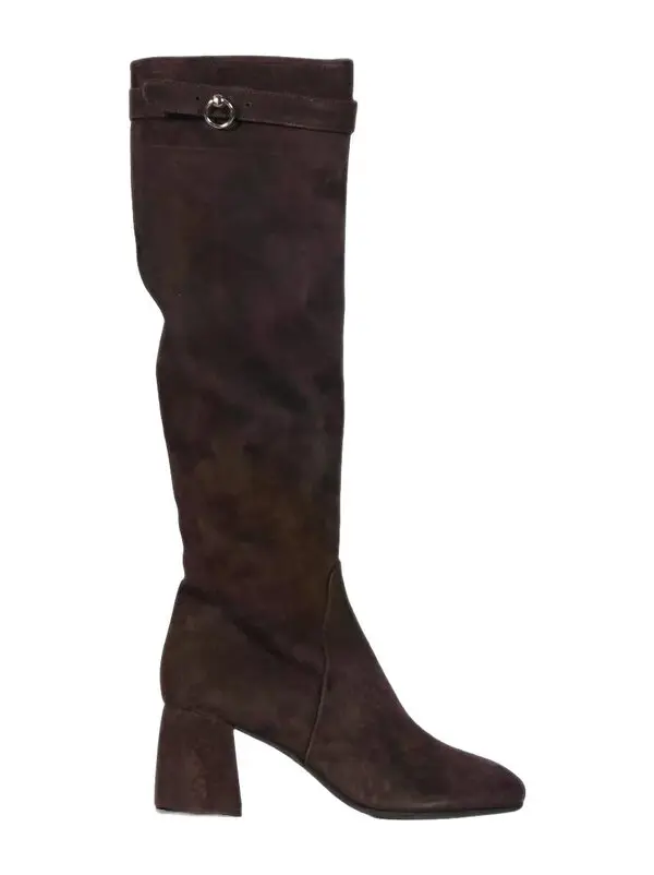 POEVE Knee-high Suede Boots With Buckle Detail - Brown