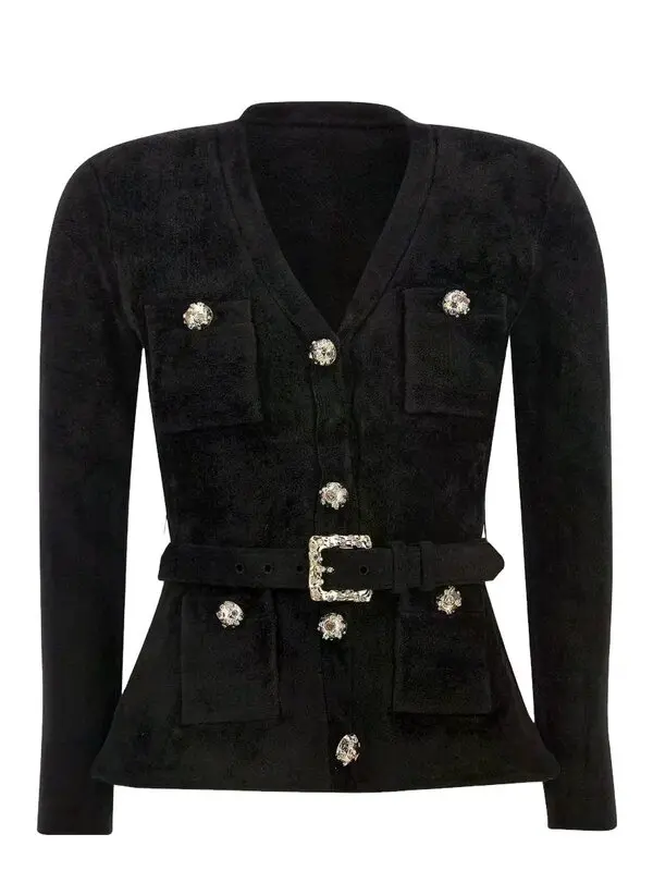 SELF-PORTRAIT Belted Chenille-knit Cardigan - Black
