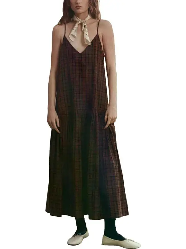 The Great. Plaid Drop-waist Maxi Dress - Brown