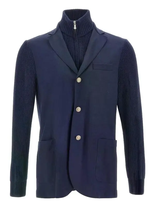 Eleventy Single-breasted Wool Jacket With Rib-knit Sleeves - Blue