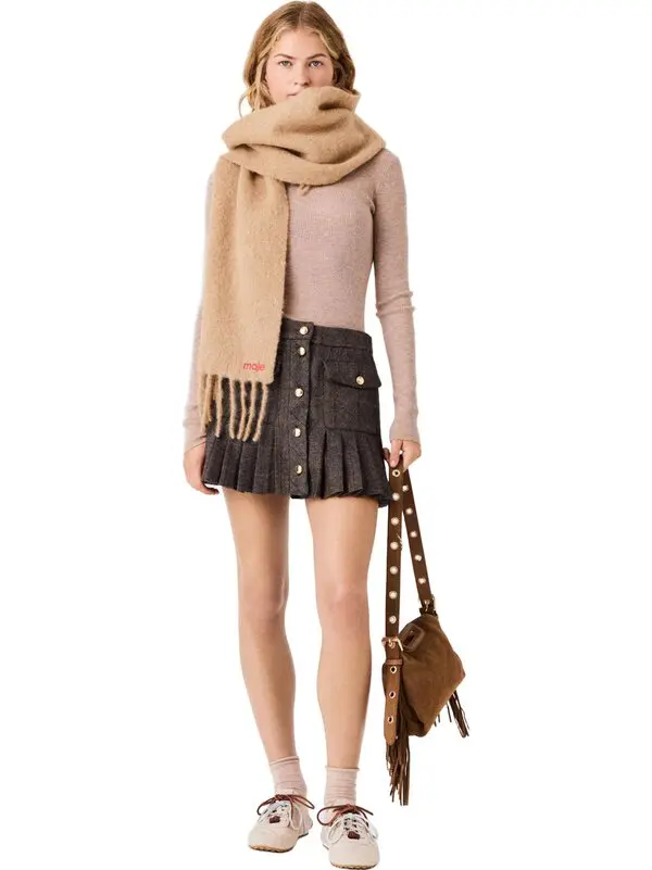 Maje Checked Pleated Wool Skirt - Brown