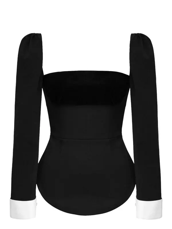 POST MERIDIEM Long Sleeve Velvet Detail Top - Black