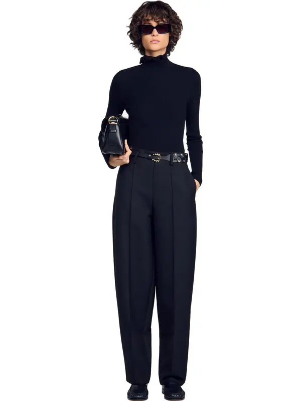 Sandro Ruffled Wool Rib Knit Turtleneck Sweater - Black