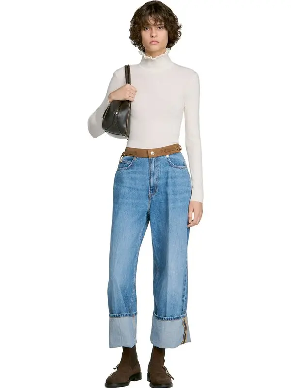 Sandro Ruffled Wool Rib Knit Turtleneck Sweater - Ecru