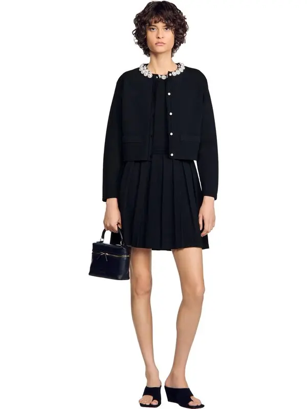 Sandro Cropped Cardigan With Pearl Flower Collar - Black