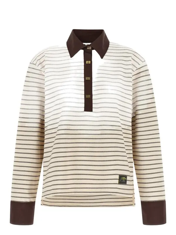 GANNI Striped Cotton Polo Shirt With Butterfly Buttons - Brown