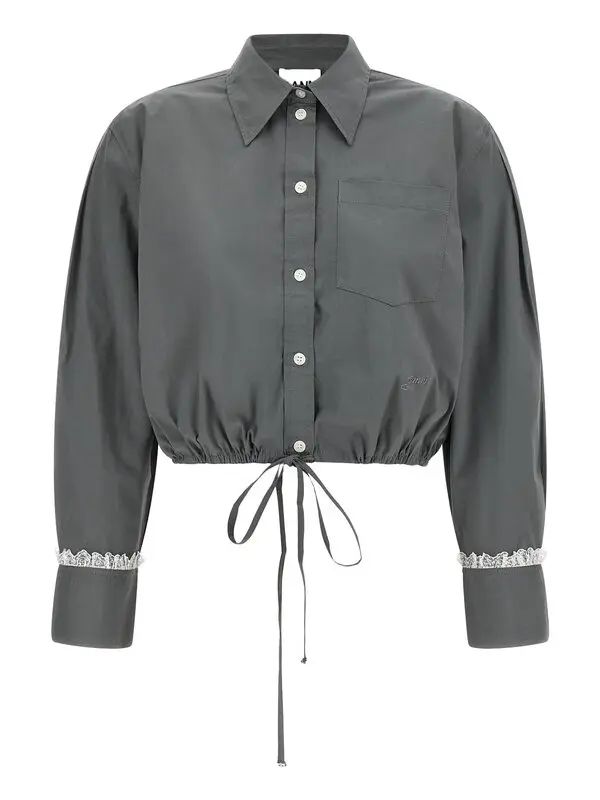 GANNI Cropped Shirt With Lace Trim - Gray