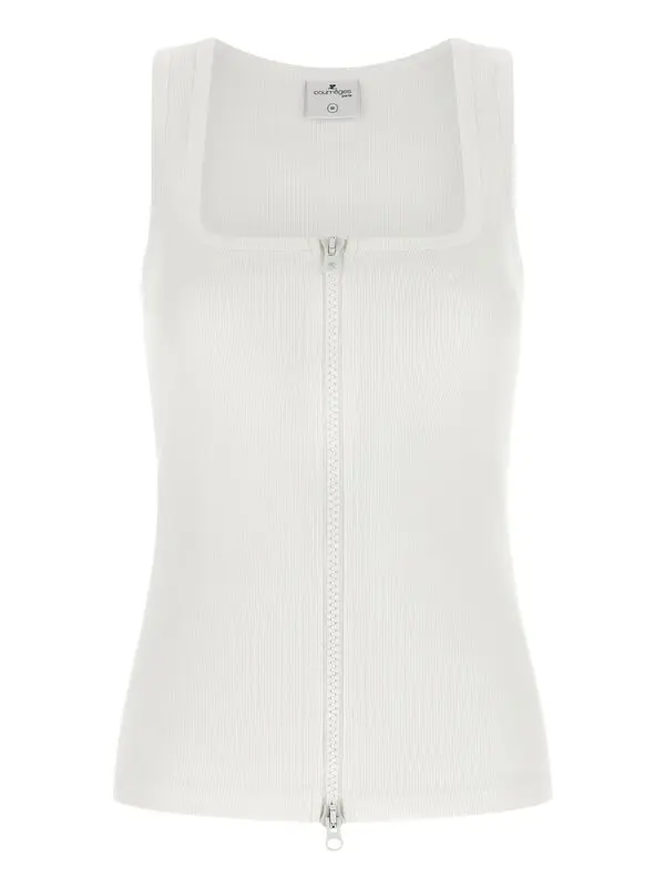 COURREGES Ribbed Cotton Zip-up Tank Top With Square Neckline - White