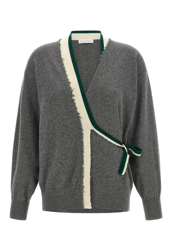 Dries Van Noten Cashmere V-neck Cardigan With Contrasting Trim And Tie Closure - Gray