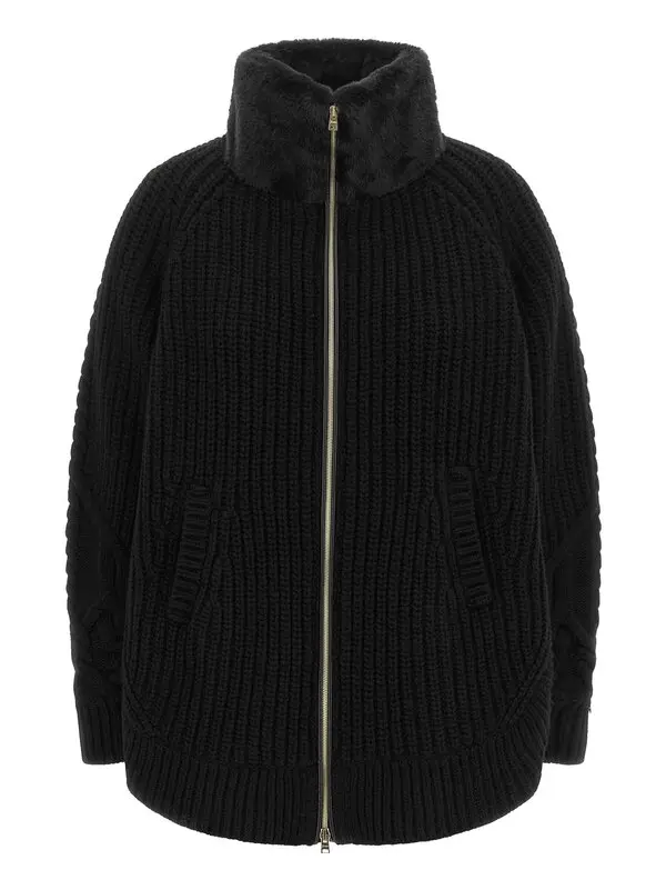 Herno Wool Cardigan With Fur Insert And Braided Sleeves - Black