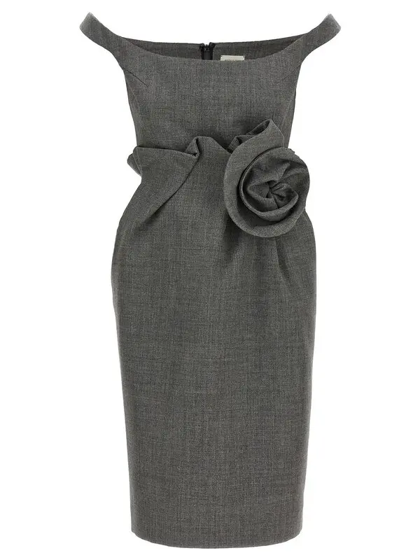 Magda Butrym 3d Floral Applique Wool Silk Dress - Gray