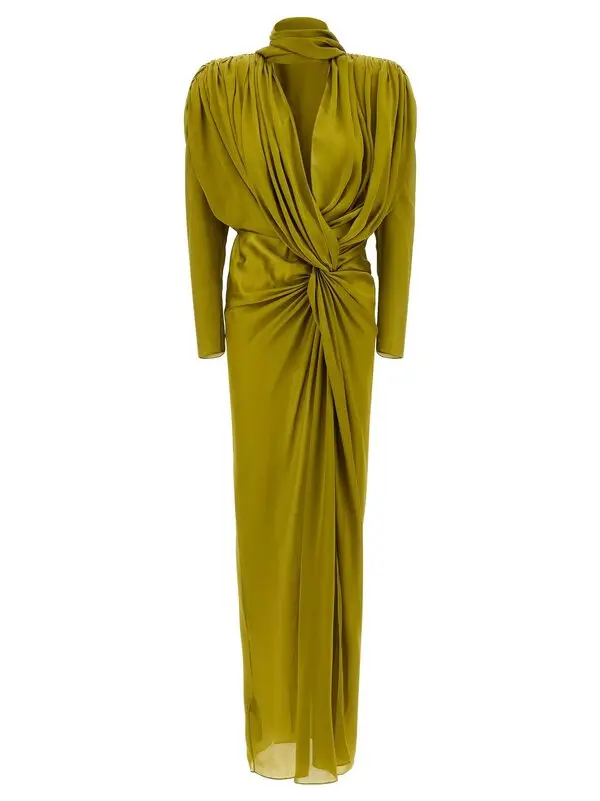 Balmain Draped Silk Gown With Knot Detail - Green
