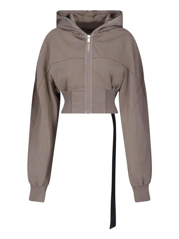 Rick Owens Cropped Zip Hoodie With Applied Ribbon Detail - Taupe