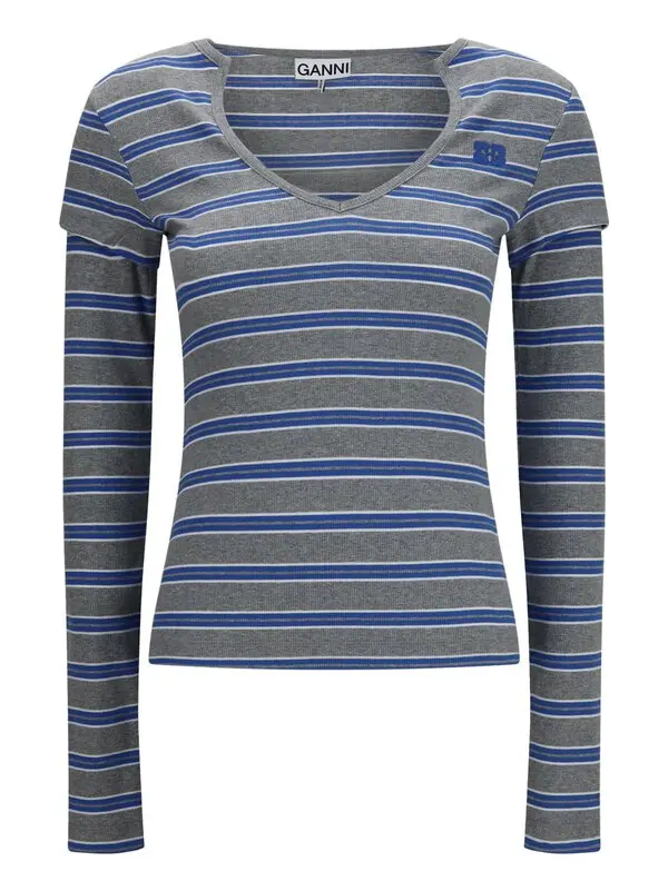 GANNI Ribbed V-neck Long Sleeve T-shirt - Grey