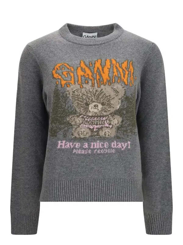 GANNI Teddy Bear Graphic Crewneck Sweater - Grey