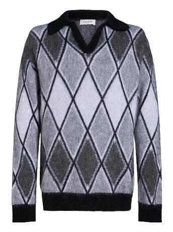 LANEUS Mohair Wool Blend Geometric Print Polo Collar Sweater - Grey