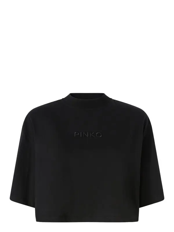 Pinko Cropped Cotton T-shirt With Embroidered Logo - Black