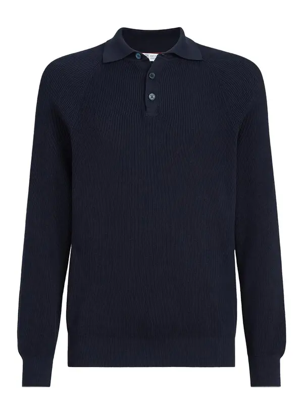 Brunello Cucinelli Cotton Rib-knit Polo Sweater - Blue