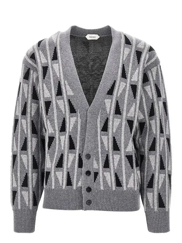 Versace Jacquard Wool And Cashmere Cardigan With Medusa Motif - Grey