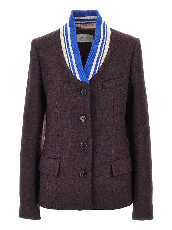 Dries Van Noten Wool-blend Cloth Jacket With Striped Ribbed Knit V-neck - Purple
