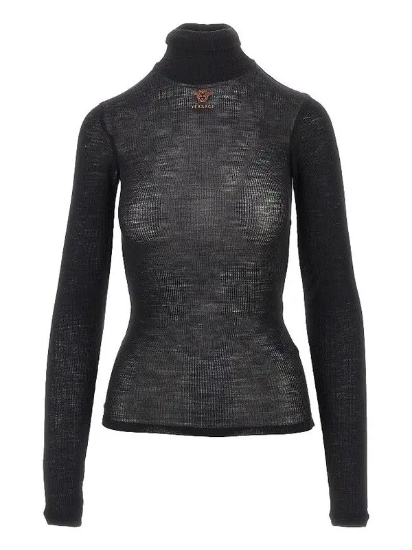 Versace Ribbed Wool Turtleneck Top With Medusa Embroidery - Black