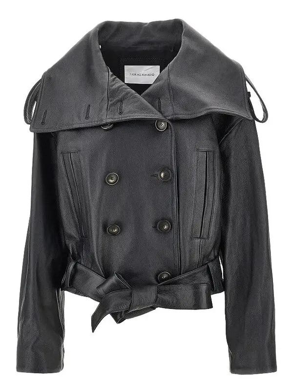 7 For All Mankind Leather Double-breasted Jacket With Self-tie Belt - Black