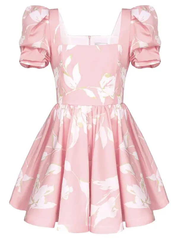 POST MERIDIEM Square Neck Puff Sleeve Mini Dress - Pink
