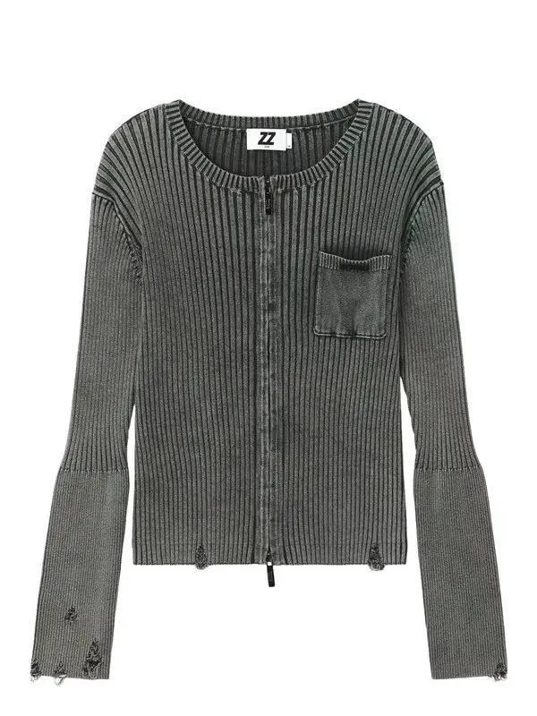 Izzue Ribbed Knit Distressed Zip-up Cardigan - Grey