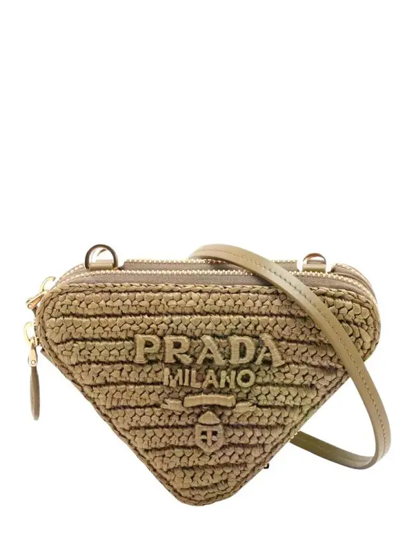 Prada Raffia Crochet Logo Embroidered Triangle Pouch Satchel - Brown