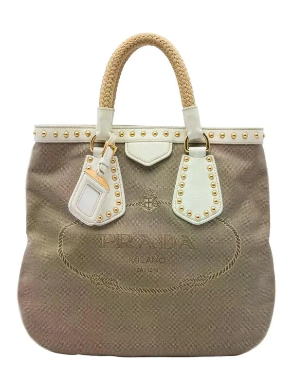 Prada Canvas Studded Satchel - Brown