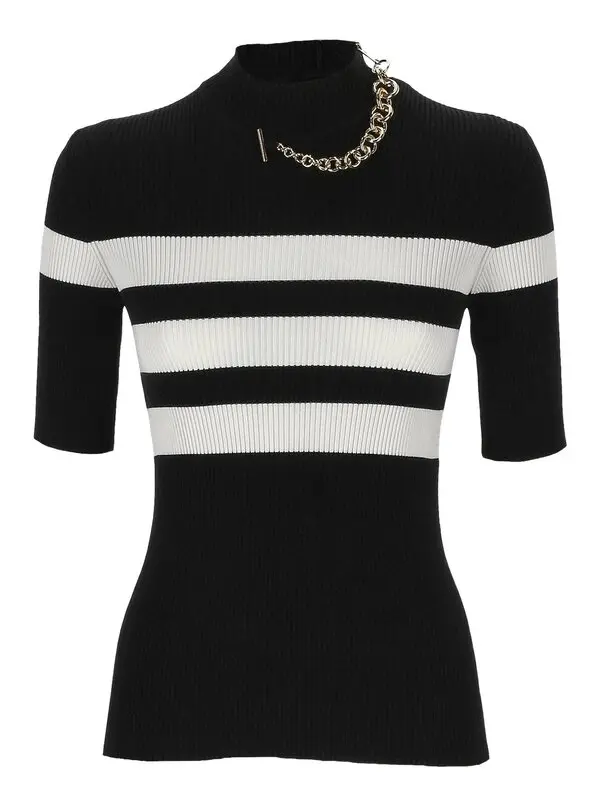 JEAN PAUL GAULTIER Striped Ribbed Knit T-shirt With Chain Detail - Black
