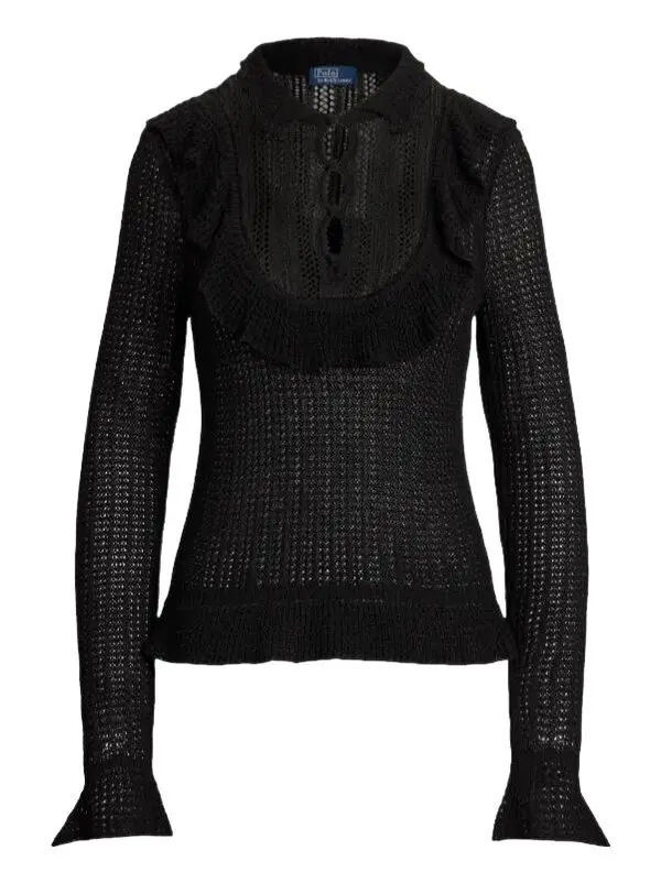 Polo Ralph Lauren Open-knit Pullover With Ruffled Neckline And Bell Sleeves - Black