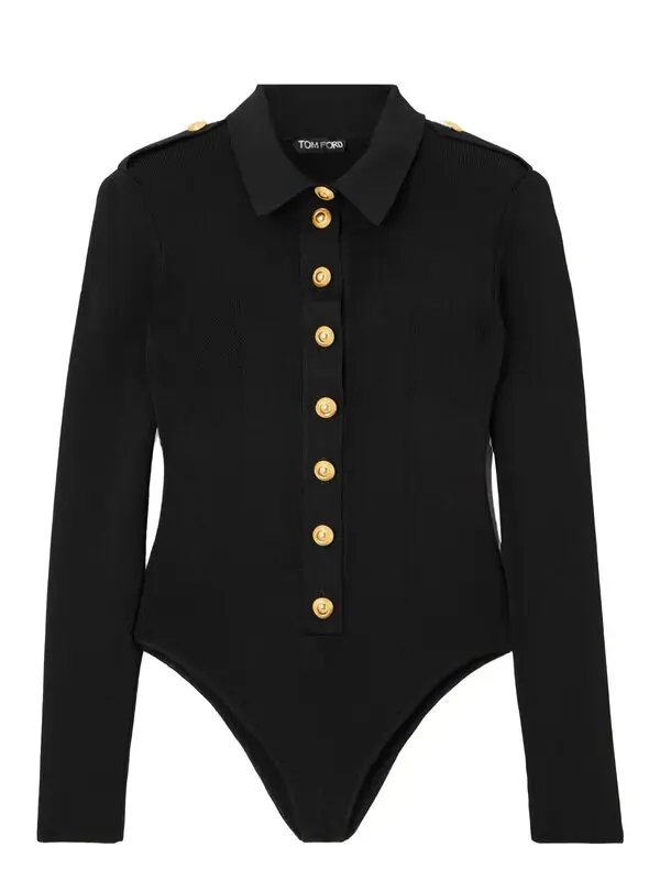 TOM FORD Ribbed Knit Bodysuit With Gold Buttons - Black