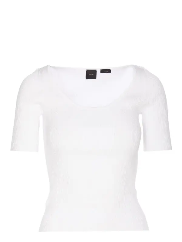 Pinko U-neck Ribbed Knit Top With Short Sleeves - White