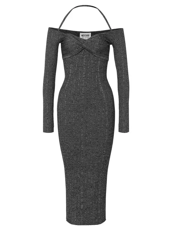 Moschino Off-shoulder Ribbed Midi Dress With Criss-cross Detail - Black