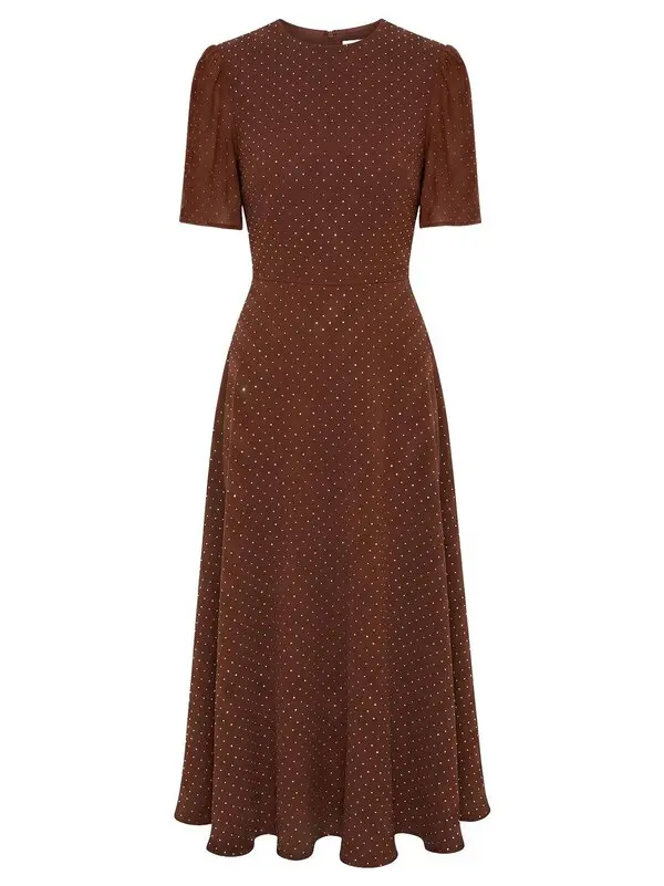 POST MERIDIEM Chiffon Midi Dress With Rhinestone Embellishments - Brown
