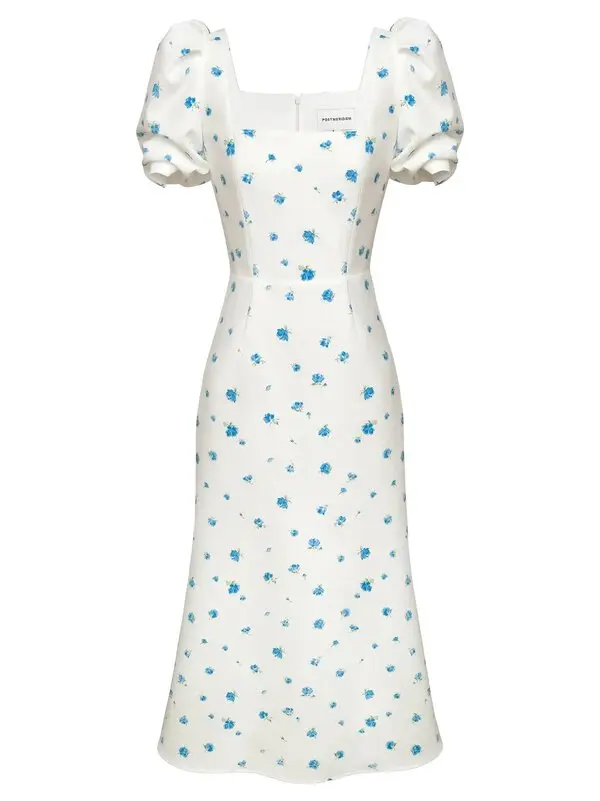 POST MERIDIEM Godet Silhouette Square Neck Midi Dress - Blue