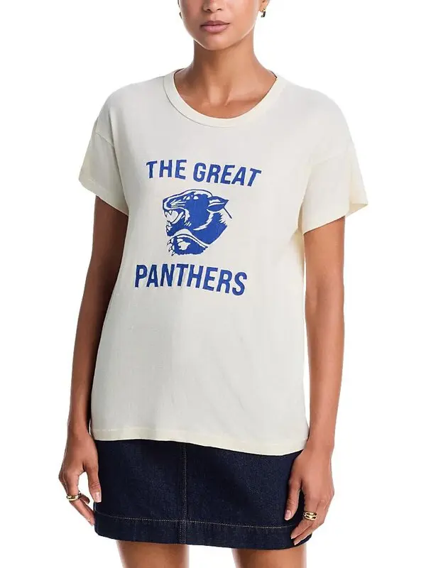 The Great. Boxy Cotton Crewneck Graphic Tee With Panther Print - Washed White