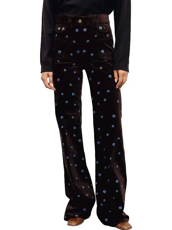 Gerard Darel Anna Velvet Trousers With Floral Embroidery - Brown