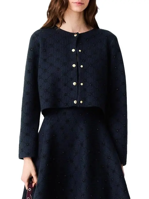 Maje Jacquard Sequin Crewneck Cardigan - Navy