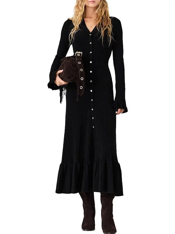 Maje Ruffled Knit Maxi Dress - Black