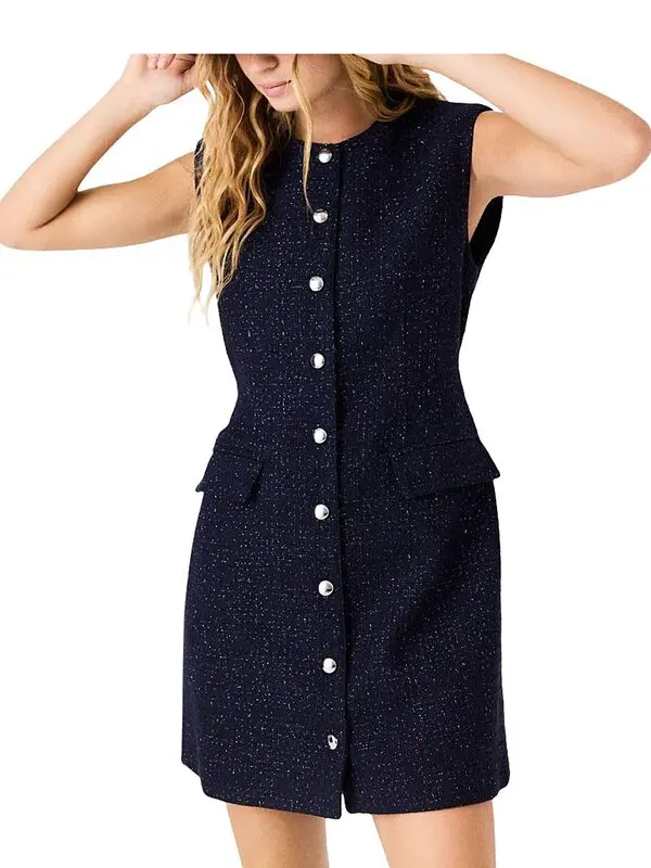 Maje Ramila Metallic Tweed Button Front Dress - Navy