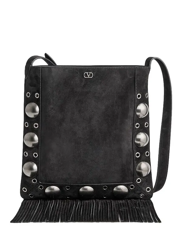 Valentino Garavani Vlogo Nellcote Fringe Suede Shoulder Bag - Black
