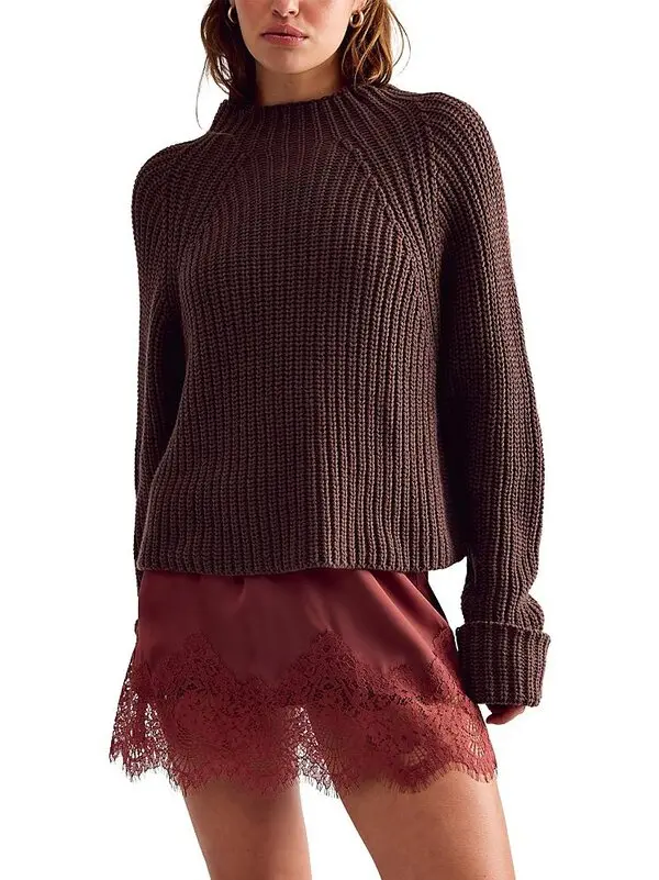 Free People High Neck Cuffed Sweater - Chocolate