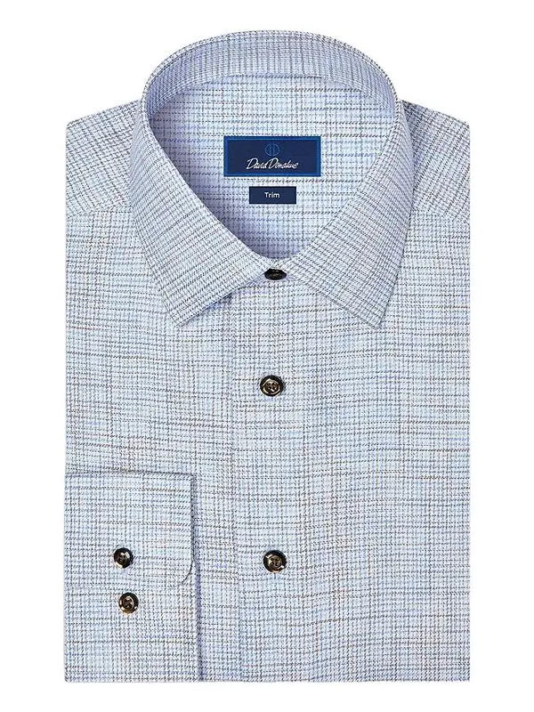 David Donahue Trim Fit Multi Check Cotton Dress Shirt - Blue/ Chocolate