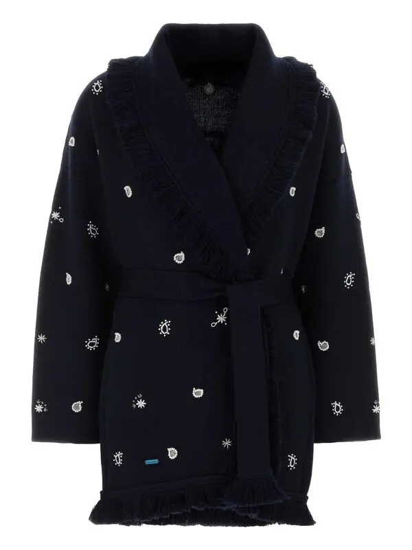 Alanui Oversize Wool Cardigan With Fringed Shawl Collar And Belted Waist - Blue
