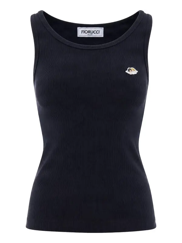 Fiorucci Ribbed Sleeveless Scoop Neck Tank Top With Patch Detail - Black